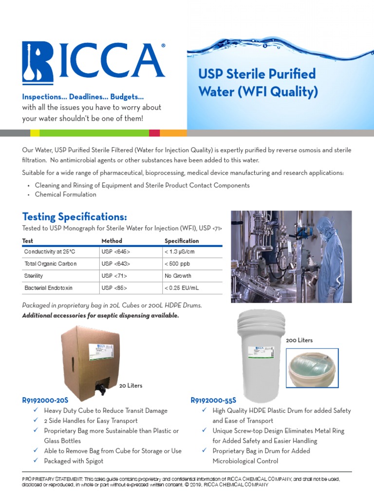 USP Sterile Purified Water (WFI Quality) : Testing Specifications | PDF ...