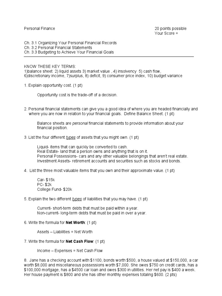 Personal Finance CH 3 Notes | PDF | Balance Sheet | Debt