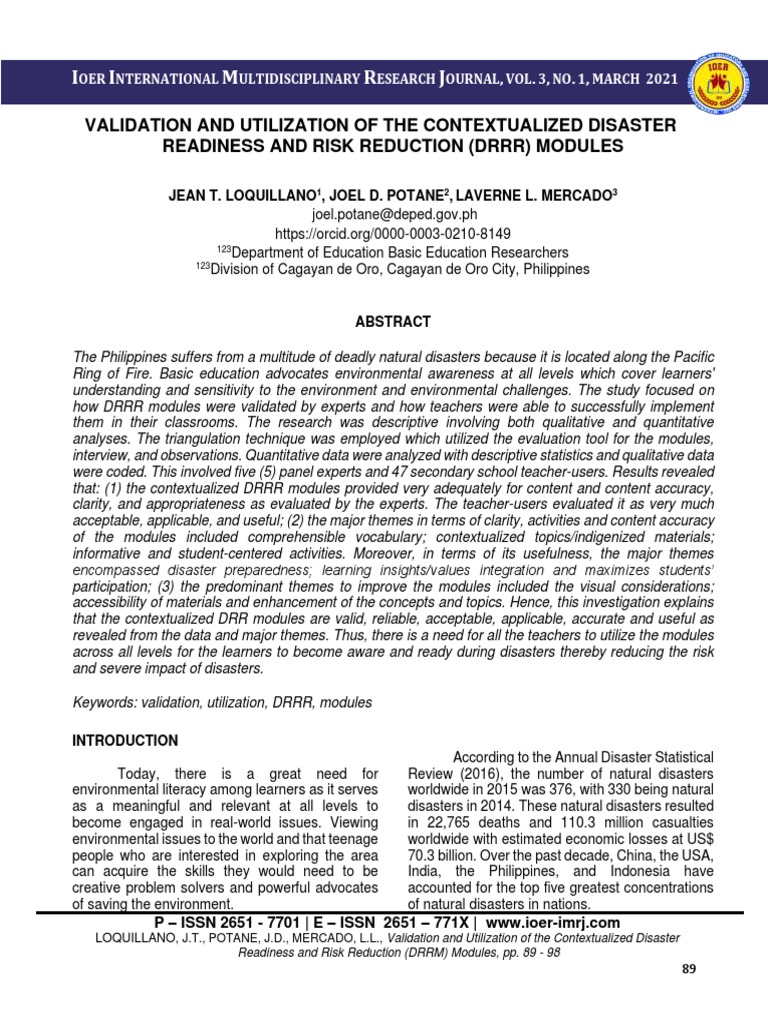 Validation and Utilization of The Contextualized Disaster Readiness and ...