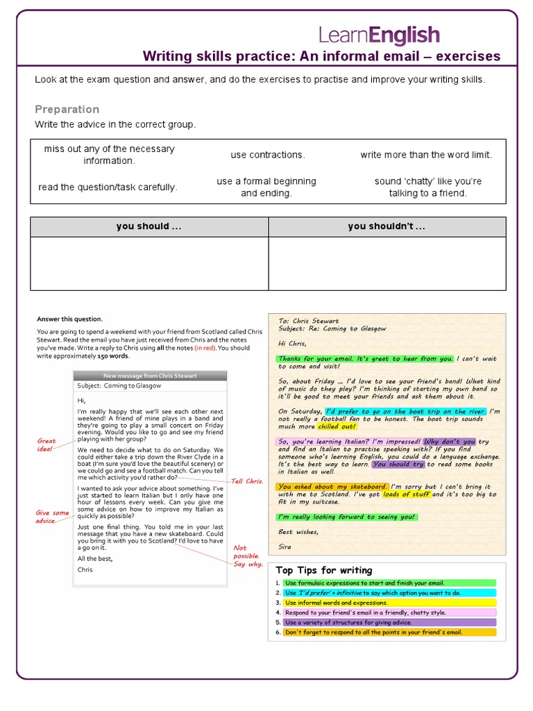 Writing Skills Practice: An Informal Email - Exercises: Preparation ...