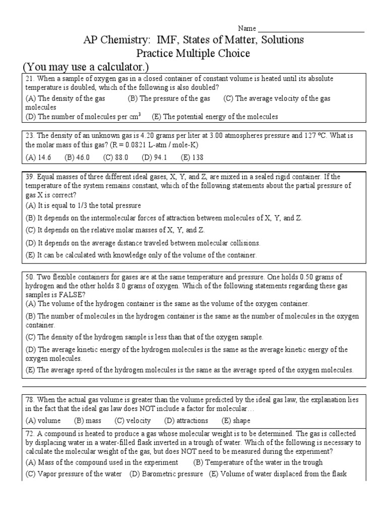 AP Chemistry: IMF and Gas Laws Practice | PDF | Gases | Thermodynamics