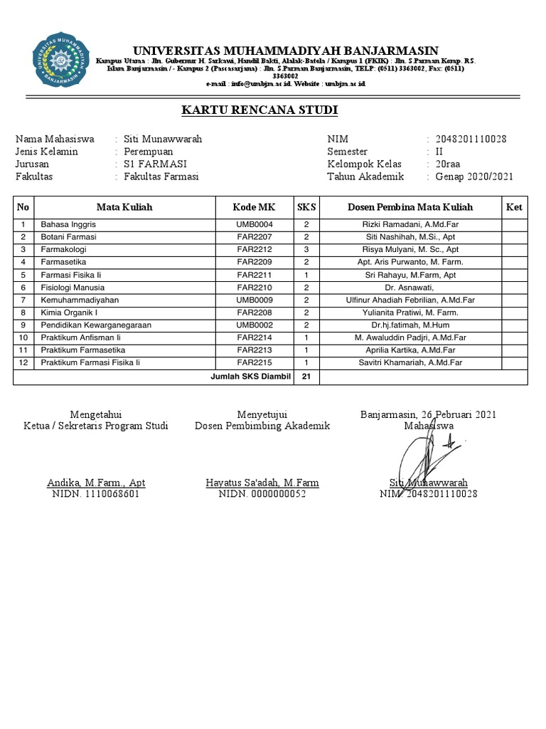 Kartu Rencana Studi S1 Farmasi UMB | PDF
