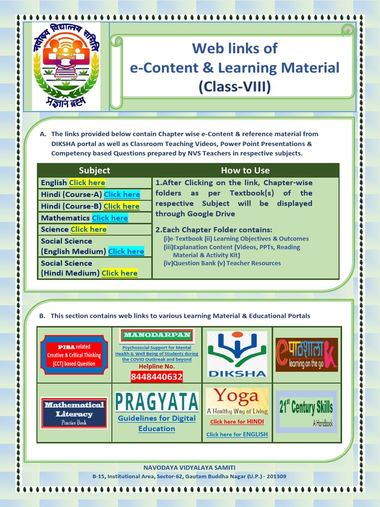Web Links of E-Content & Learning Material: (Class-VIII) | PDF