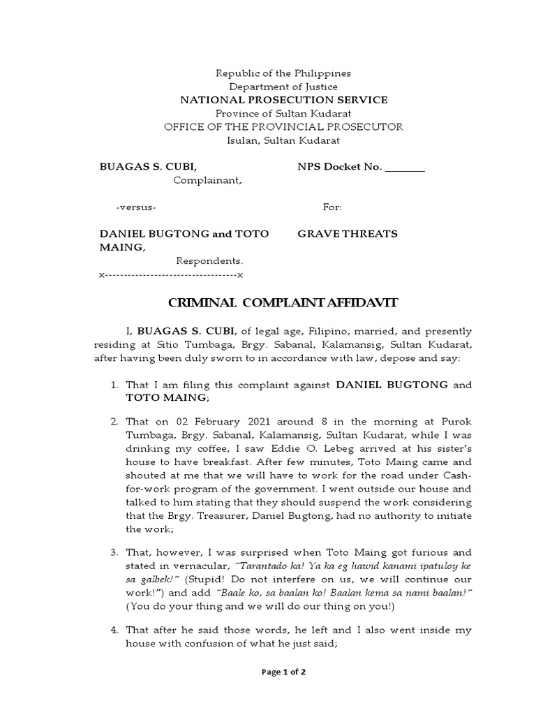 Criminal Complaint Affidavit: National Prosecution Service | PDF ...