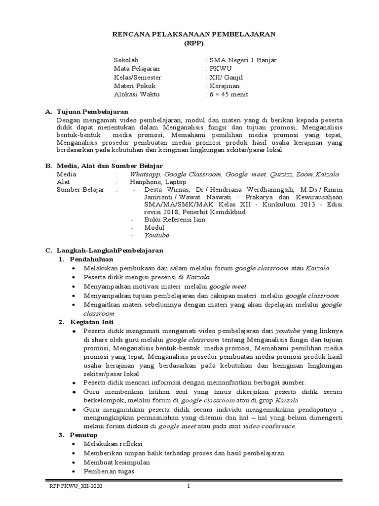 XII. RPP 1 Lembar PKWU KD 4 | PDF