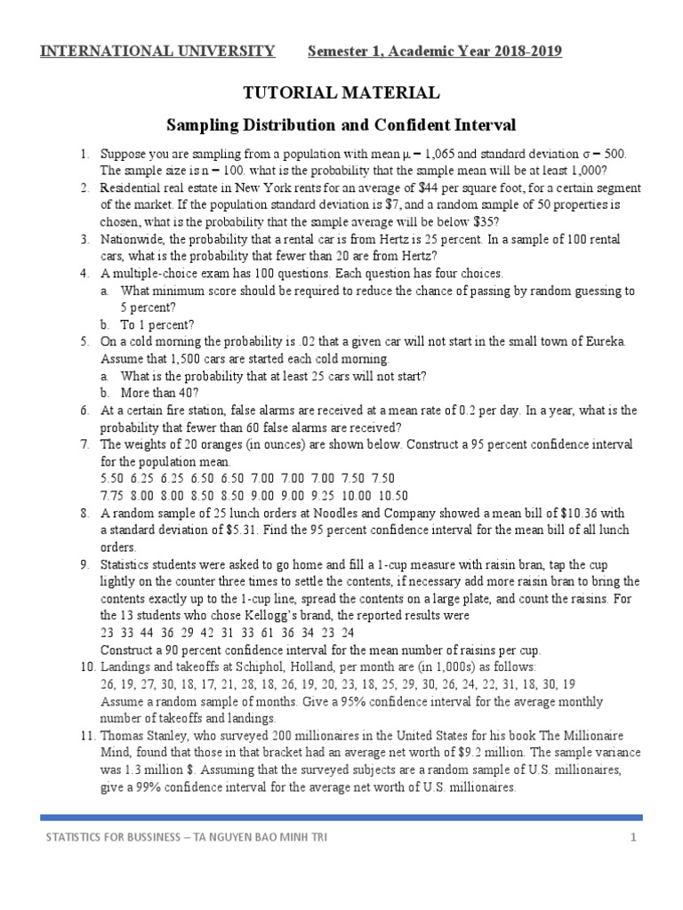 Sampling Distributions, Confidence Intervals, and Probability Questions: An Extensive Collection ...