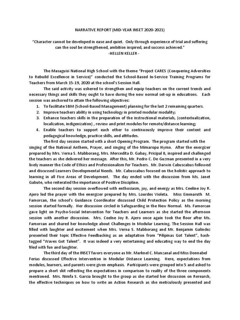 NARRATIVE REPORT-inset | PDF | Pedagogy | Learning