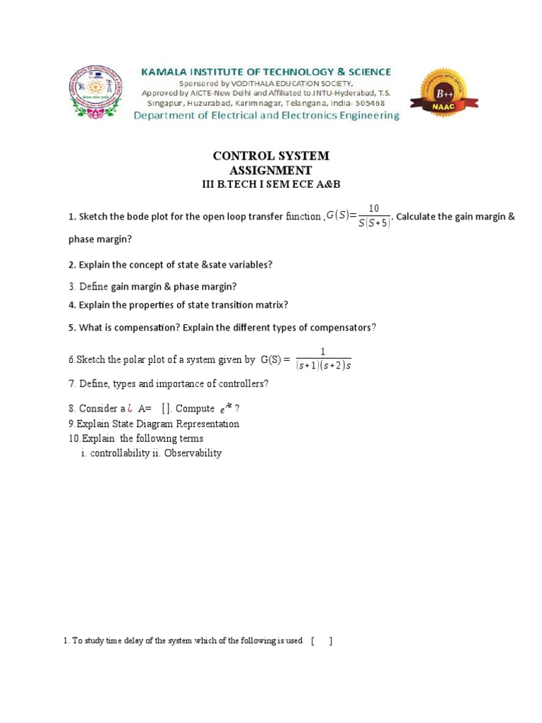 Control System Assignment And Objective Bits Pdf Control Theory Algorithms 