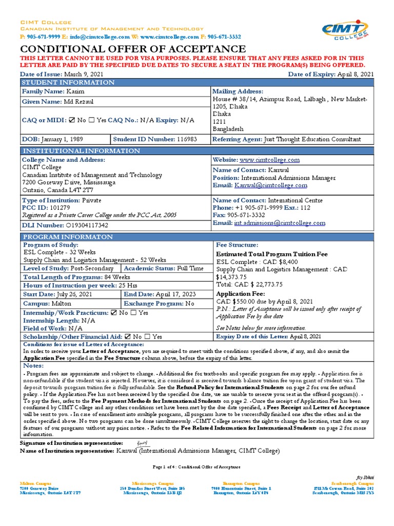 CIMT College Conditional Acceptance Details | PDF | Career & Growth ...