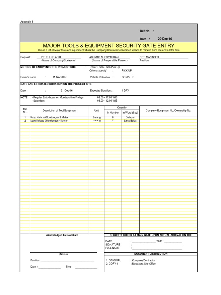 2016.12. 20 Major Tools & Equipment Security Gate Entry (PICK UP) | PDF ...