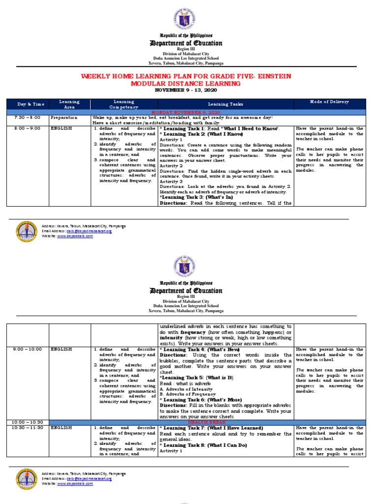 Department of Education: Weekly Home Learning Plan For Grade Five ...