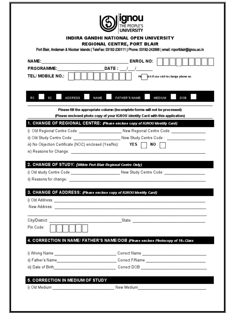 Ignou Form - Change of RC SC Address Name Fname Med | PDF | Access ...