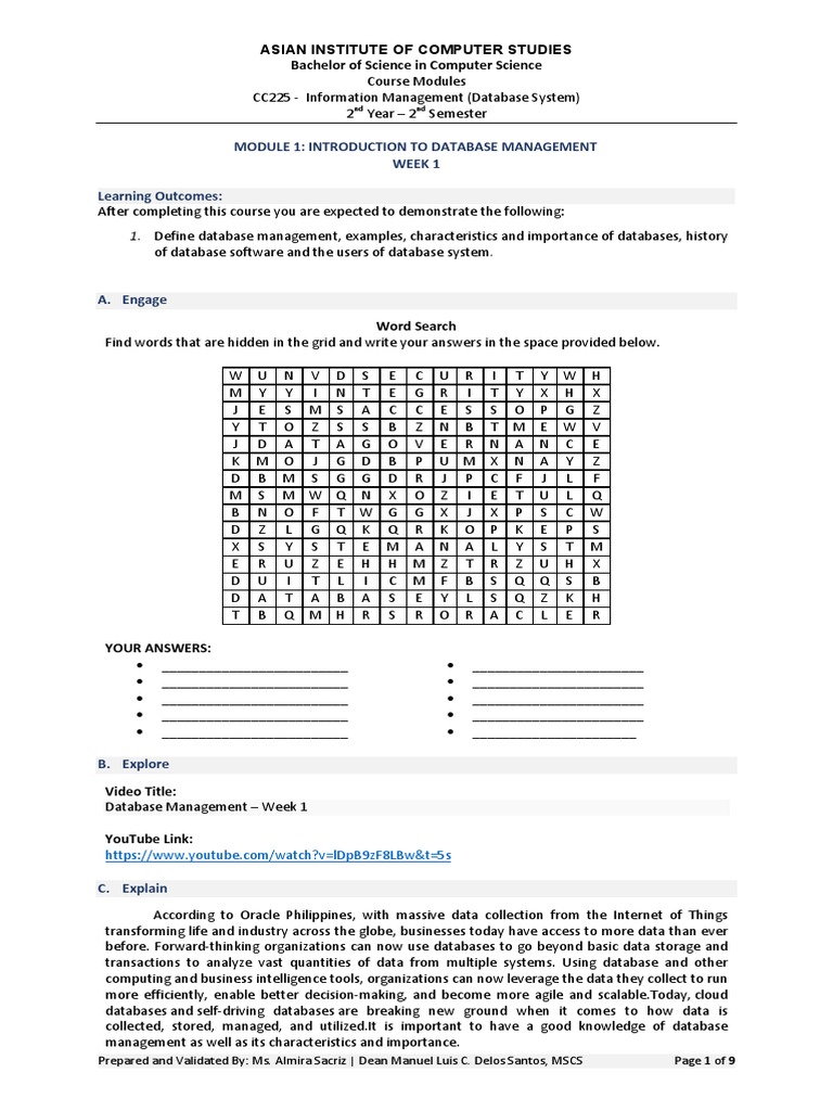 Module 1: Introduction To Database Management Week 1 Learning Outcomes ...