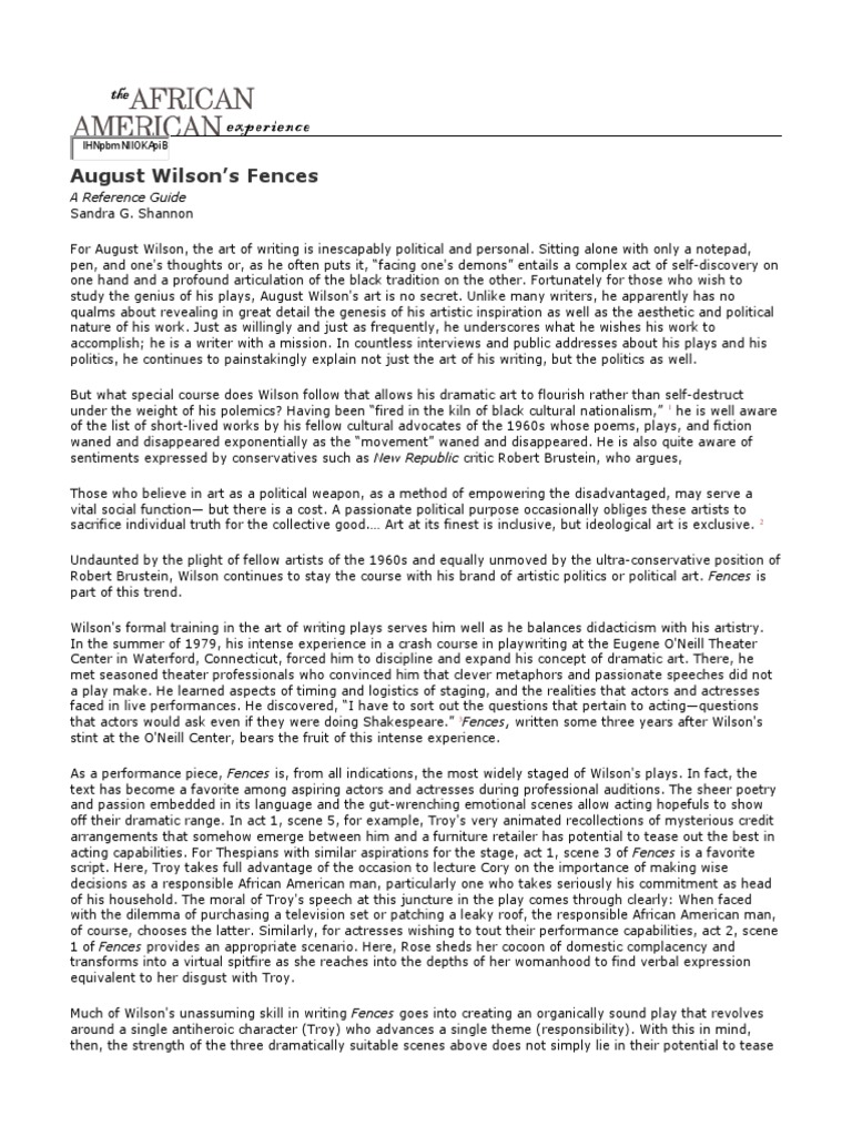 Fences Reference Guide | PDF | Fences (Play) | Narrative