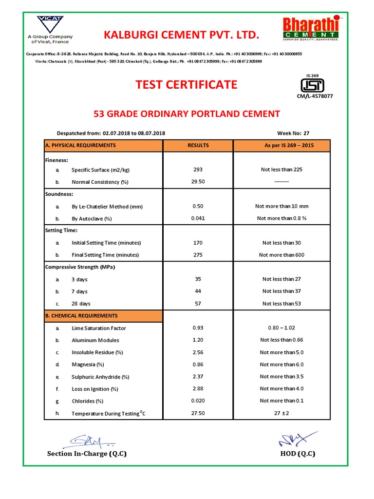 Test Certificate: Kalburgi Cement Pvt. LTD | PDF | Chemical Substances ...