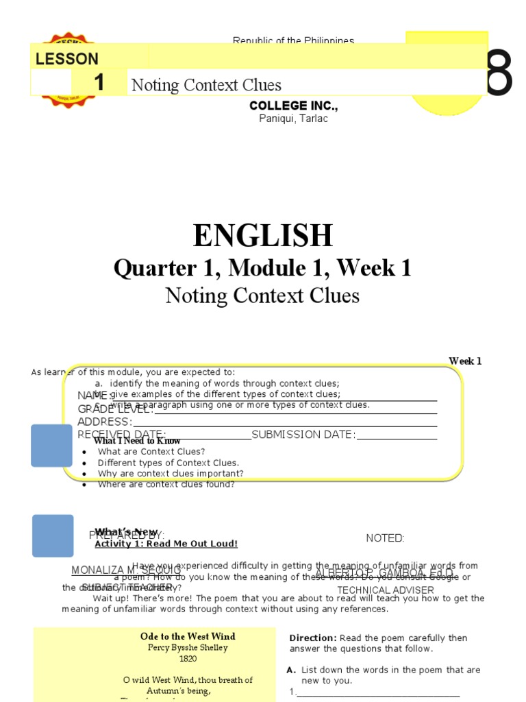 English: Quarter 1, Module 1, Week 1 | PDF | Word | Vocabulary