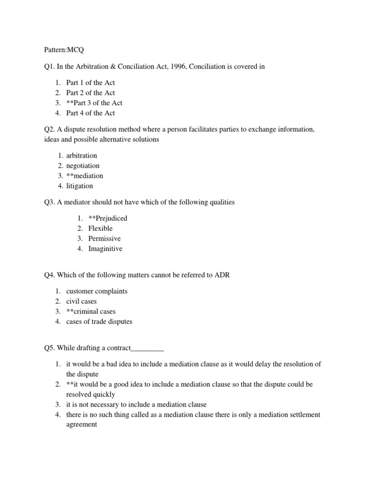 Arbitration & Mediation MCQ Quiz | PDF | Law