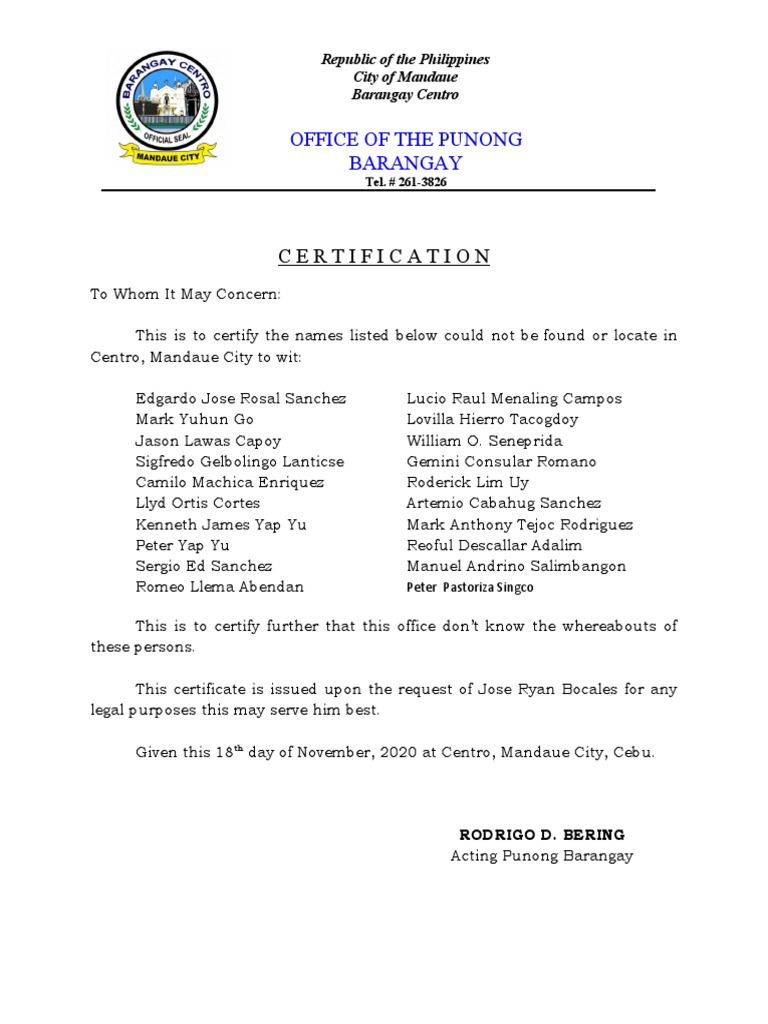 Office of The Punong Barangay: Certification | PDF