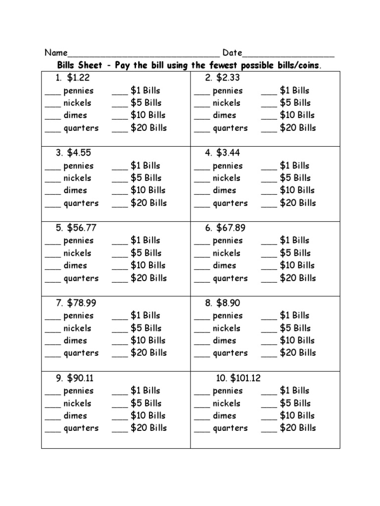 Bills Sheet - Pay The Bill Using The Fewest Possible Bills/coins | PDF
