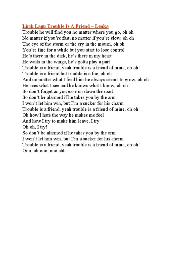 Lirik Lagu Trouble Is A Friend | PDF