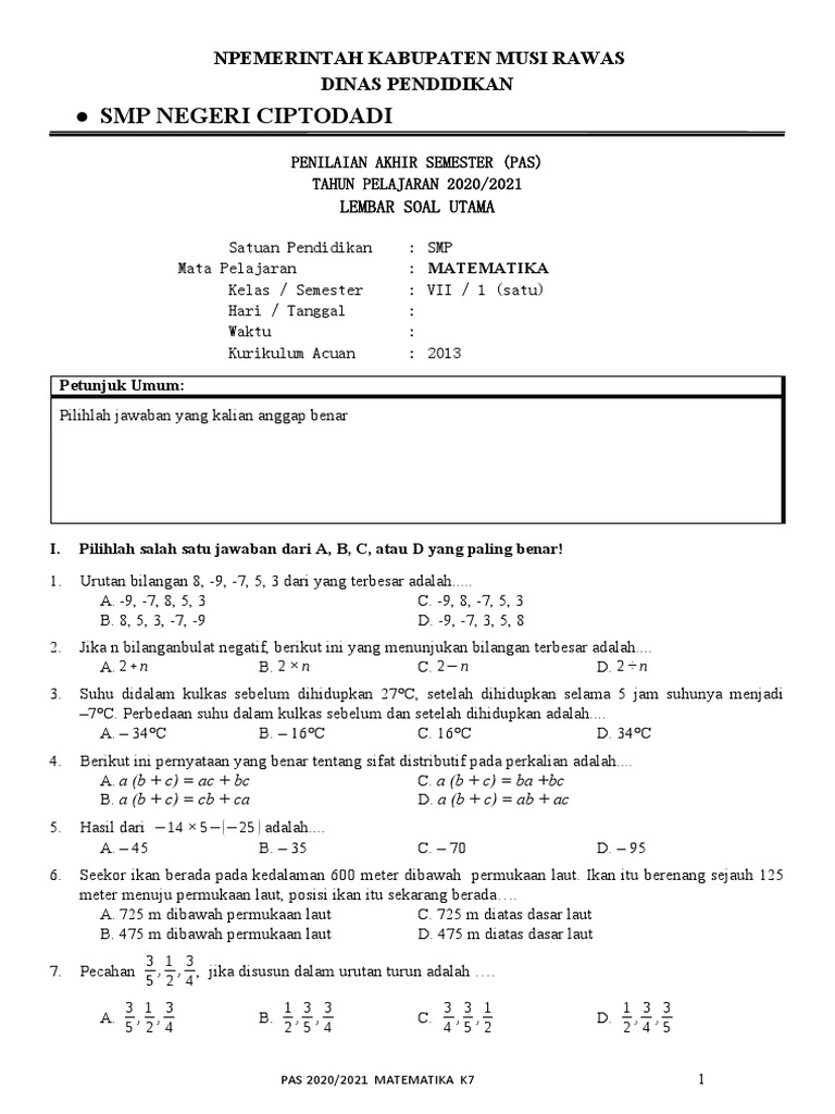 5 SOAL PAS MAT 7 Revisi | PDF