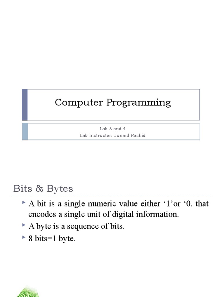 Computer Programming: Lab 3 and 4 Lab Instructor: Junaid Rashid | PDF | Data Type | Integer ...