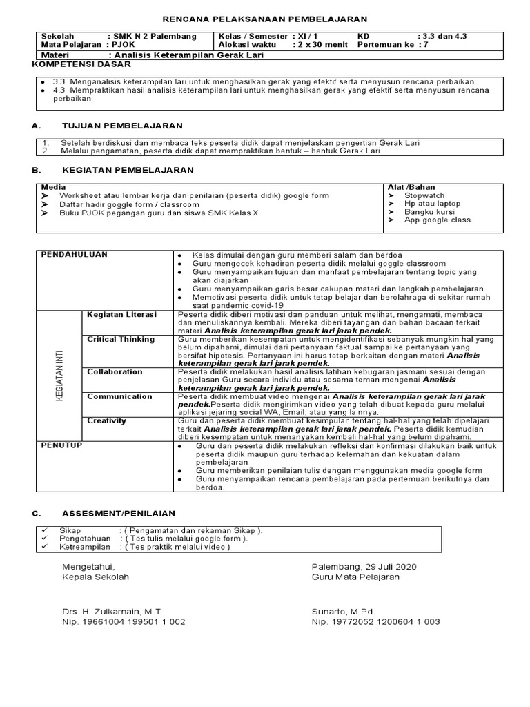 RPP PJOK Kelas XI: Gerak Lari | PDF | Karier & Perkembangan