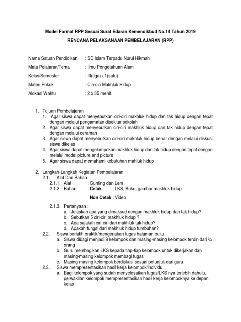 RPP IPA Kemendikbud No.14 Tahun 2019 | PDF