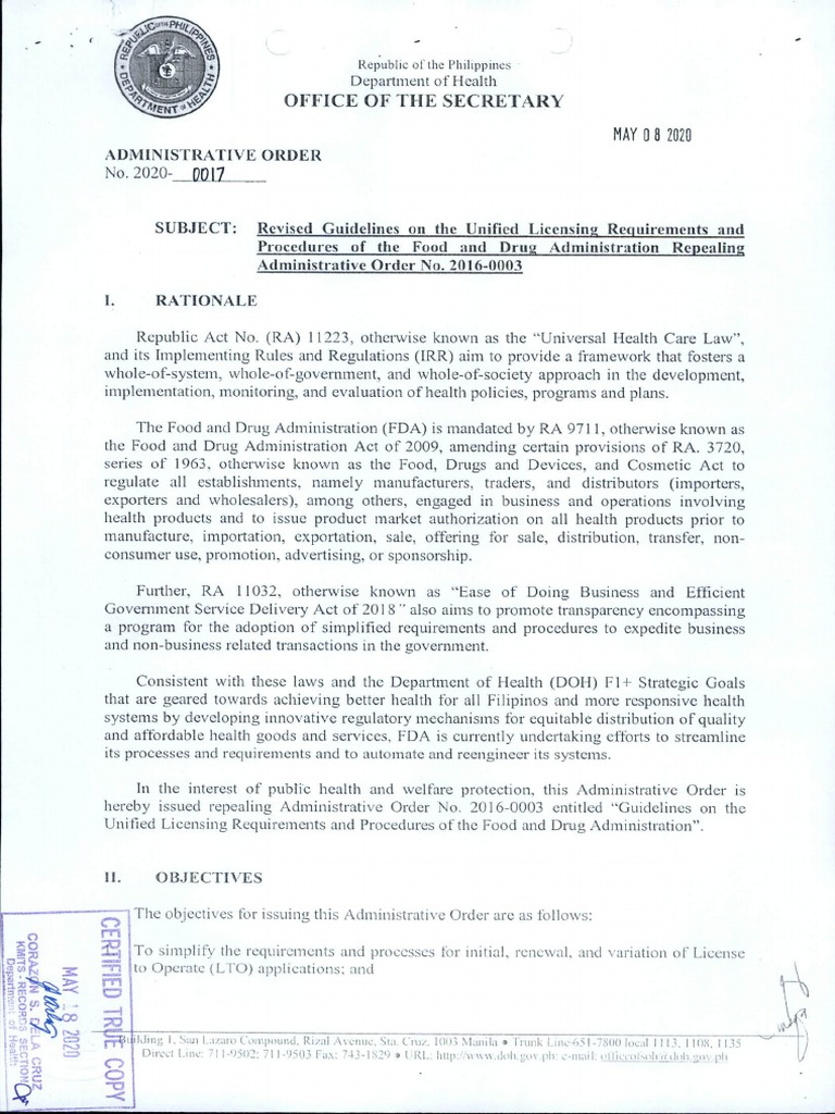 DOH Administrative Order No. 2020-0017 - FDA Licensing Guidelines | PDF