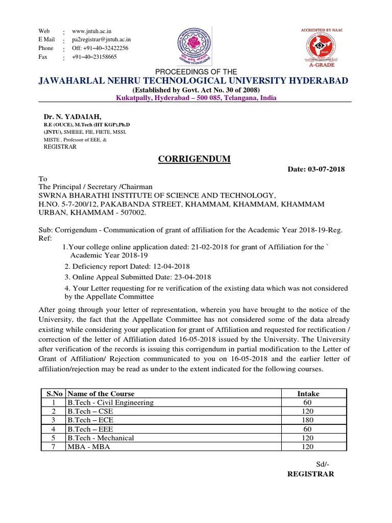 Jntuh - Affiliation Letter 2018-19 | PDF | Science And Technology ...