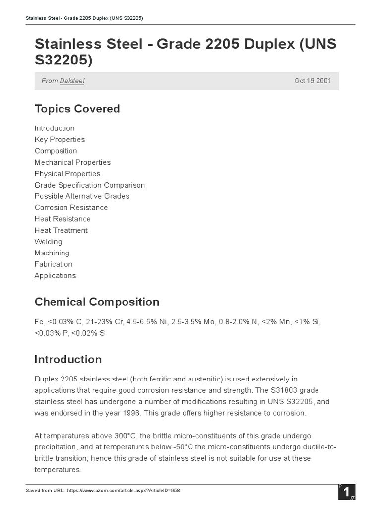 Stainless Steel Grade 2205 Duplex (UNS S32205) | PDF