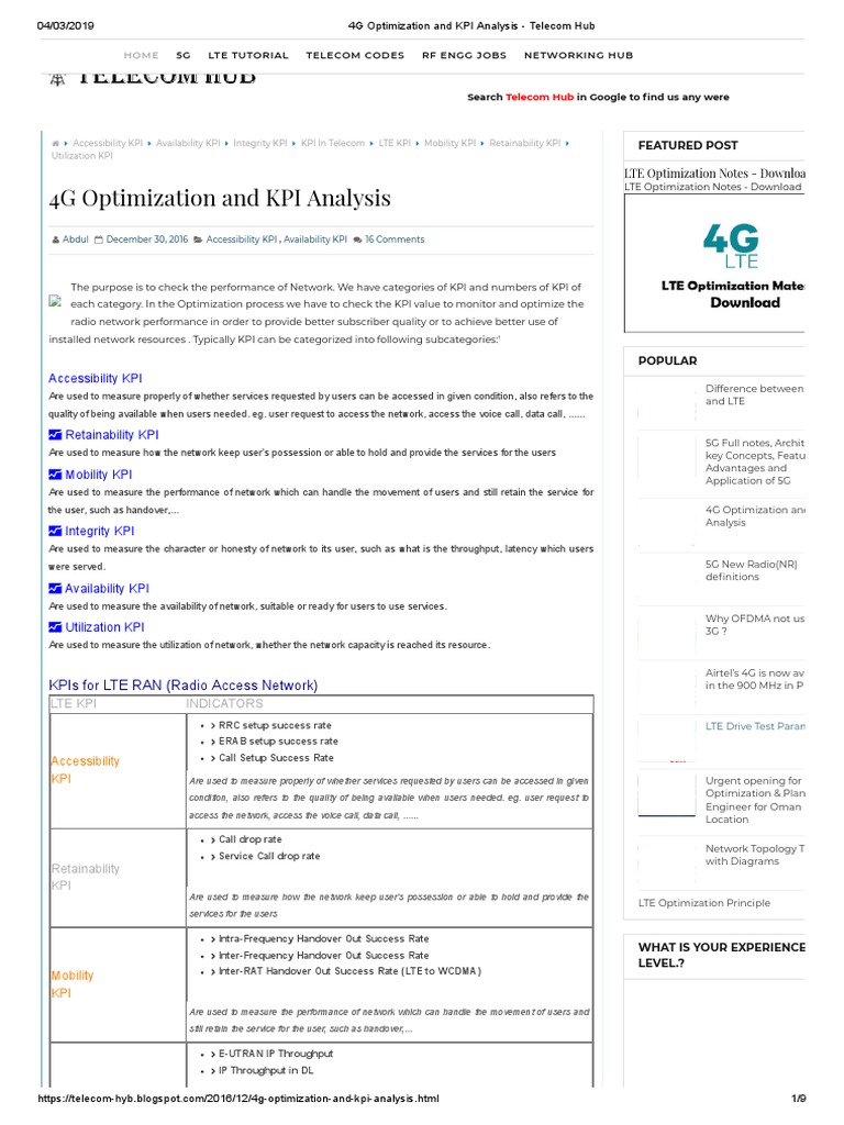 4g Optimization And Kpi Analysis Telecom Hub Pdf Lte Telecommunication 4 G