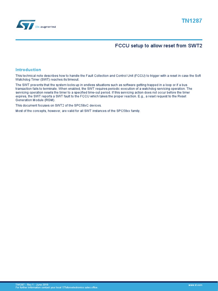 FCCU Setup To Allow Reset From SWT2: TN1287 - Rev 1 - June 2019 | PDF | Timer | Computer Engineering