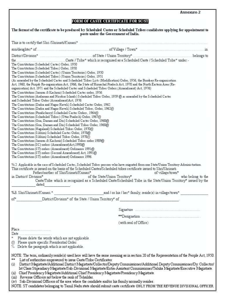 SC/ST Caste Certificate Format | PDF | Government Of India | Government
