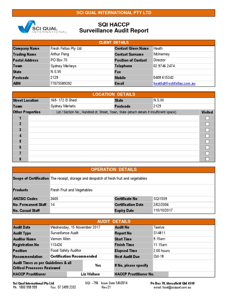 Sqi Haccp Surveillance Audit Report: Sci Qual International Pty LTD ...