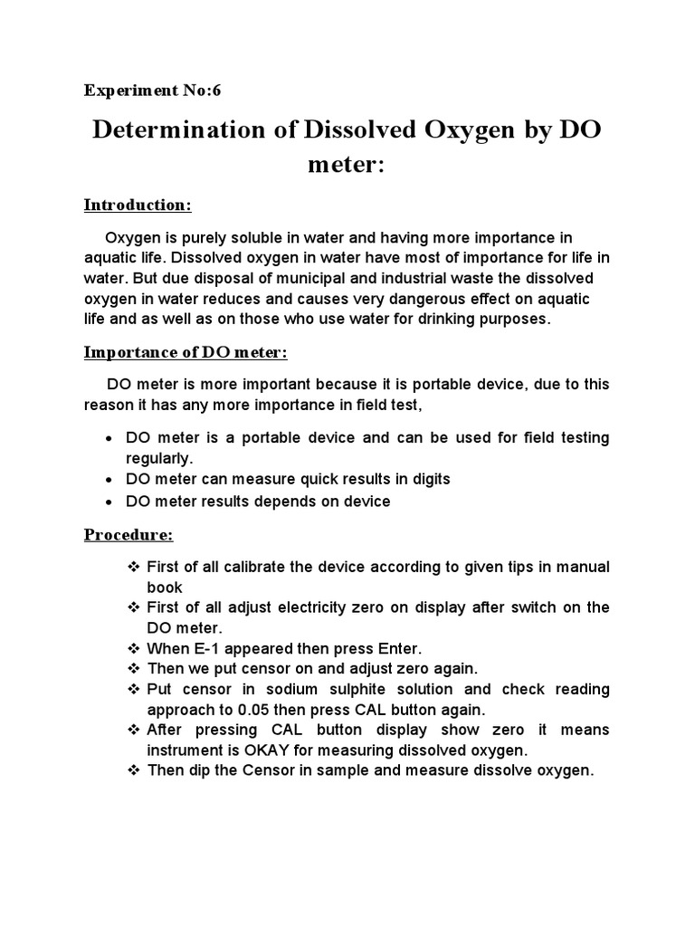 Determination of Dissolved Oxygen by DO Meter:: Experiment No:6 | PDF