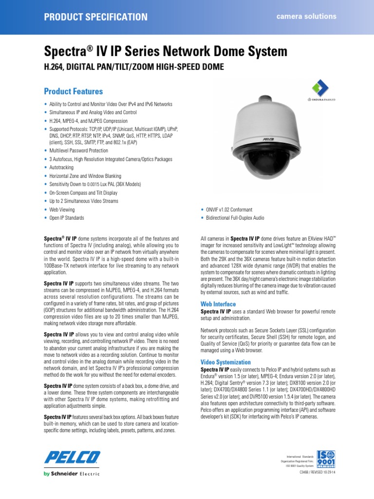 Pelco - Spectra IV IP H264 Series Network Dome System Specification Sheet | PDF | Internet ...