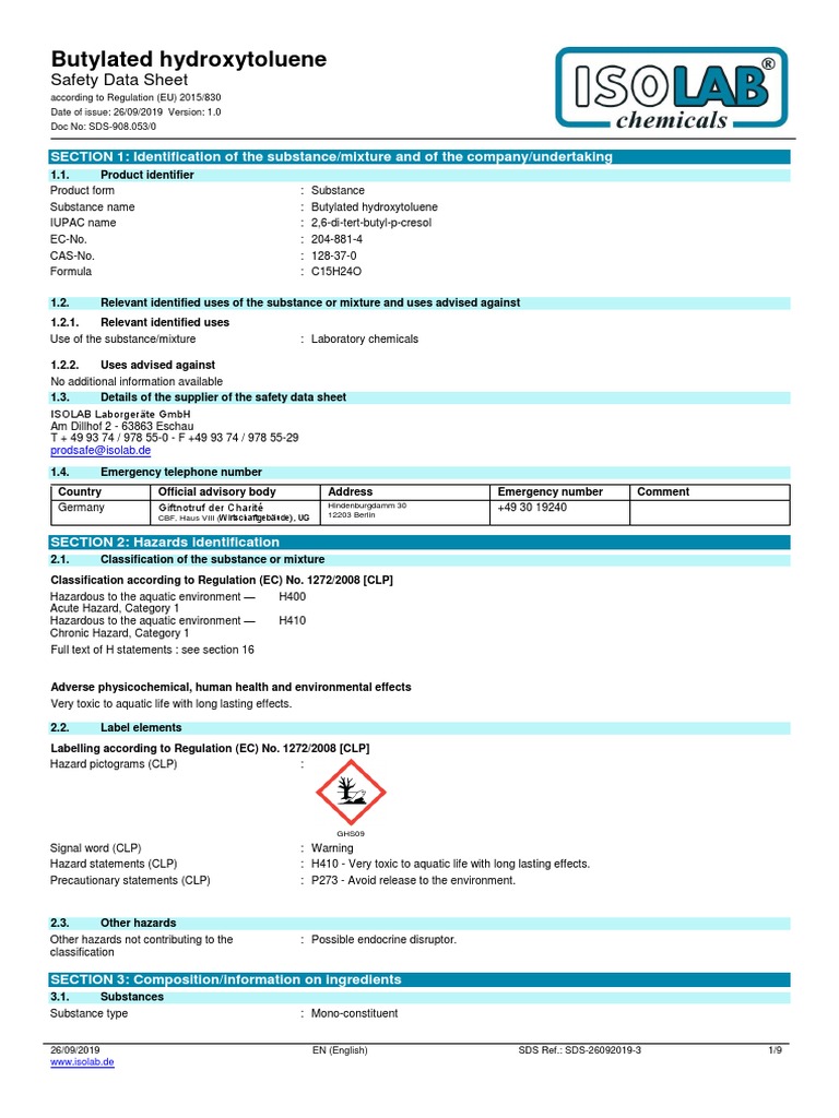 908 053 Butylated Hydroxytoluene Sds en Ghs Eu Pdf07012020040031 MSDS | PDF | Toxicity ...