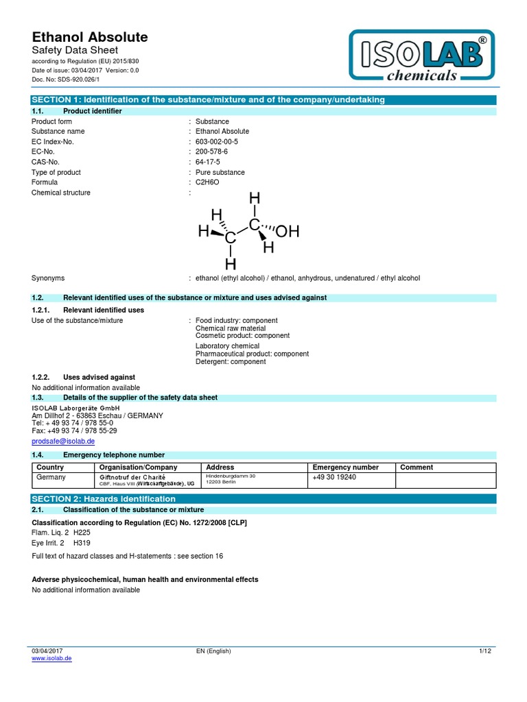 Ethanol Absolute: Safety Data Sheet | PDF | Firefighting | Solubility