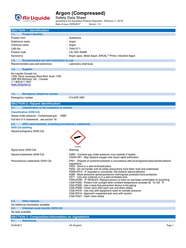 Argon (Compressed) : Safety Data Sheet | PDF | Firefighting | Toxicity