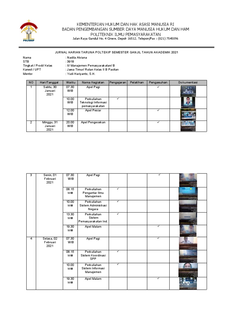 Contoh Pengerjaan Jurnal Selama Melaksanakan Kuliah Poltekip 55 | PDF