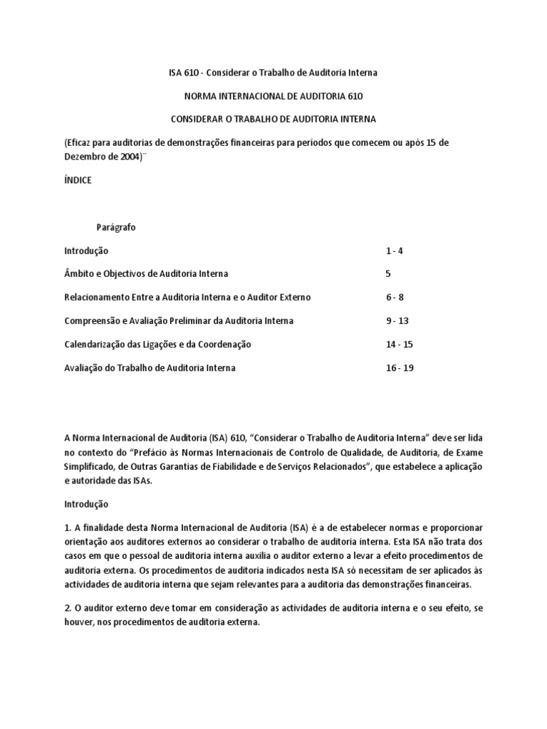 ISA 610: Integração da Auditoria Interna | PDF | Auditoria interna ...