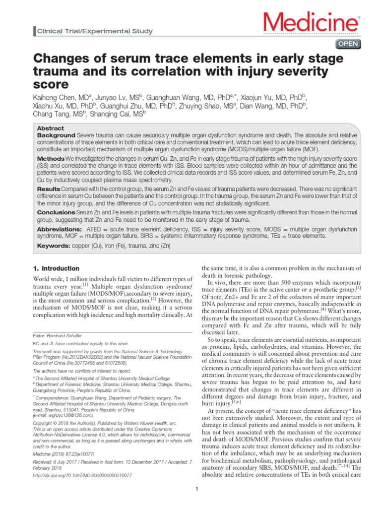Changes of Serum Trace Elements in Early Stage Trauma and Its ...