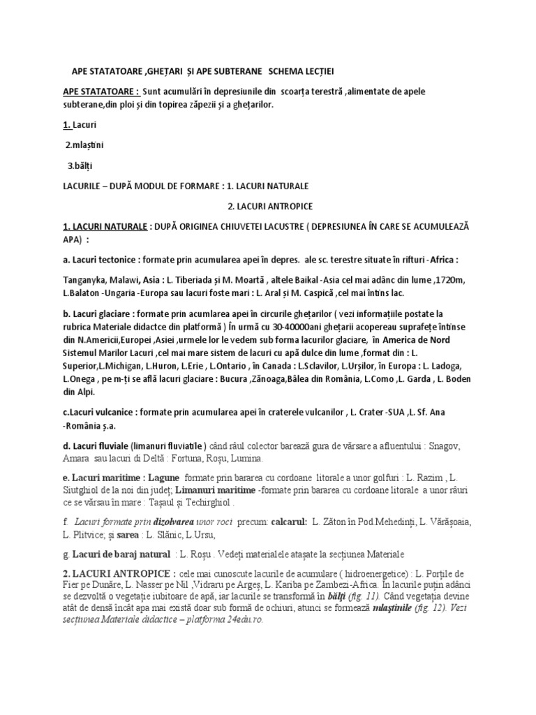 Ape Statatoare Ghetari Si Ape Subterane Schema Lectiei | PDF