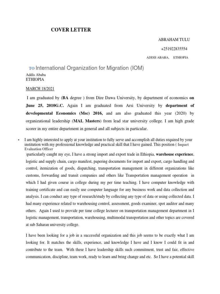 International Organization For Migration (IOM) : Cover Letter ...