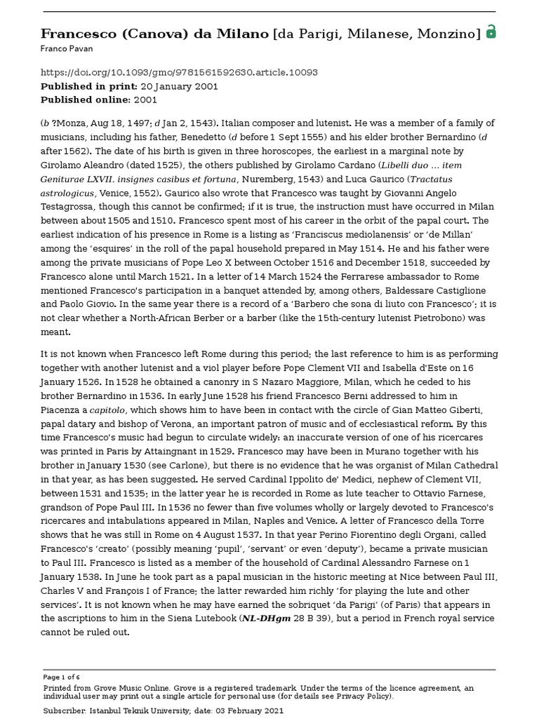 Francesco Da Milano - Oxford Music Online | Download Free PDF ...