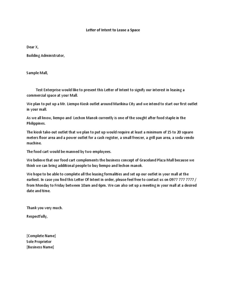 Letter of Intent For Space Rental | PDF