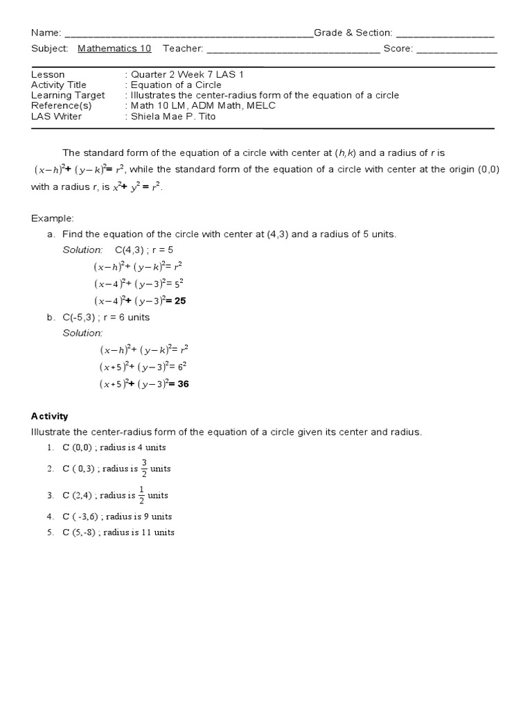 Math 10 Week 7 Las 1 | PDF
