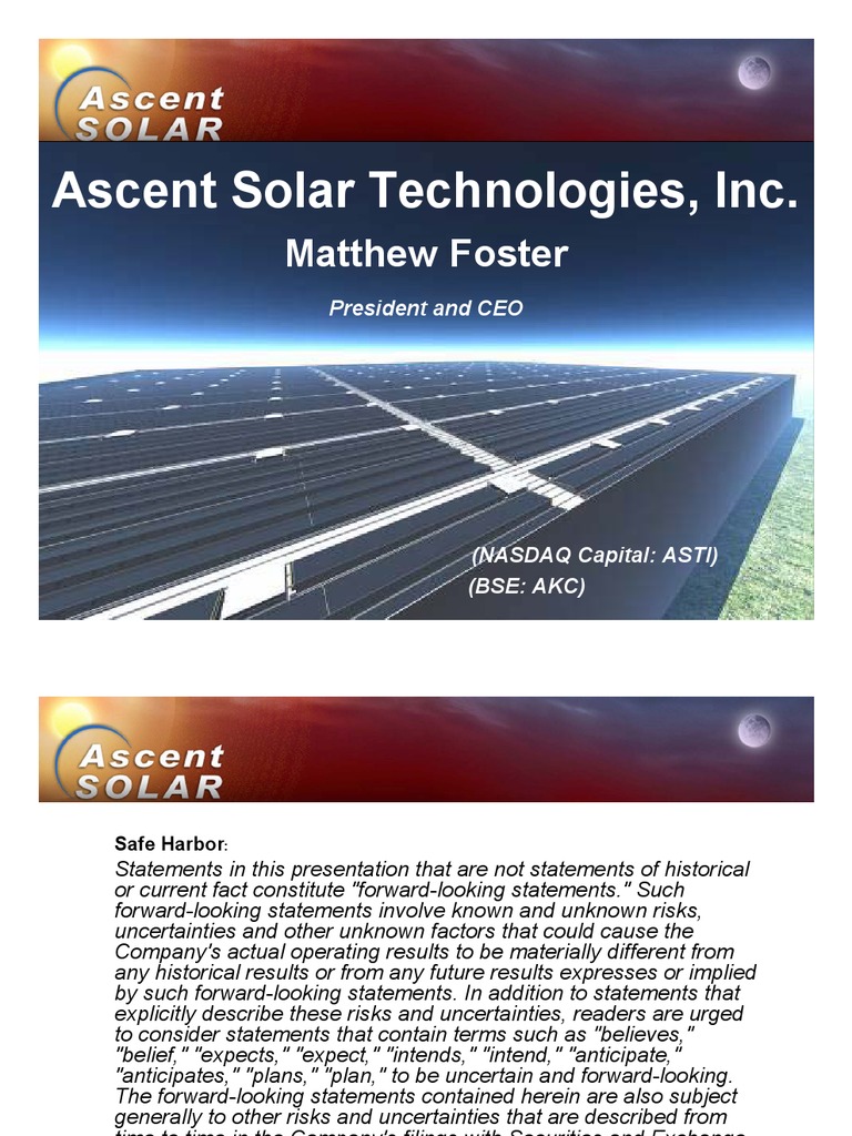 Ascent Solar Investor Presentation | PDF | Thin Film Solar Cell ...