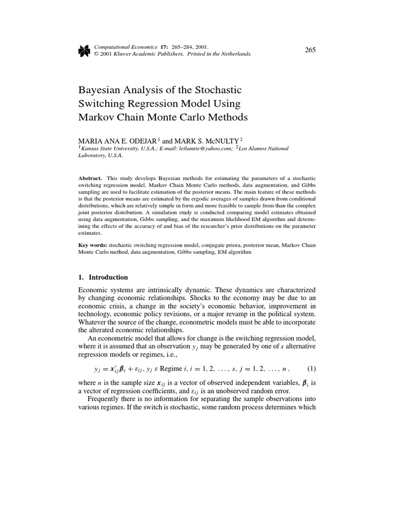 Computational Economics Bayesian Analysis of The Stochastic Switching Regression Model Using ...